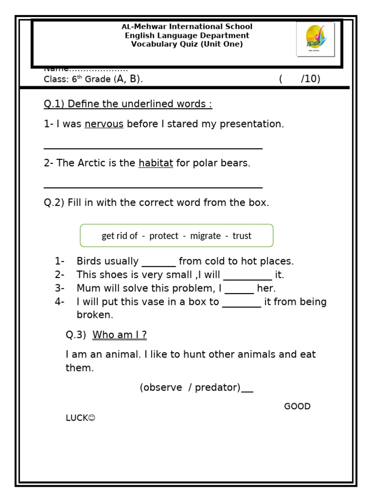 6th Grade Vocabulary Quiz Unit One | PDF