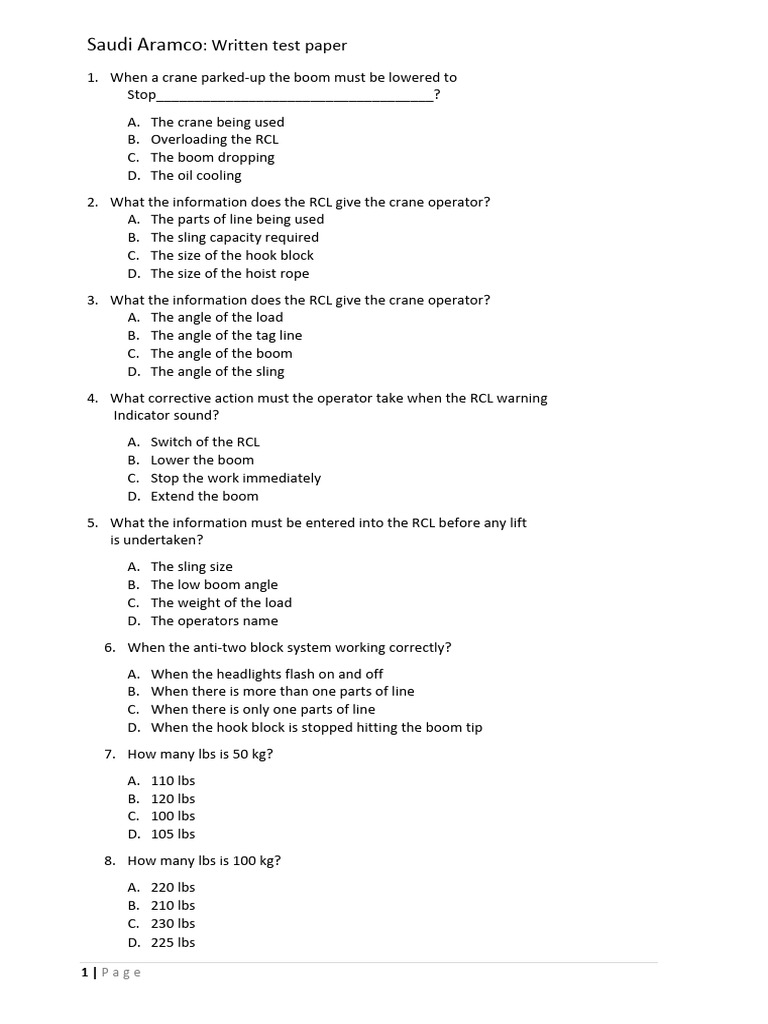 Aramco Written Test Paper 75 | PDF | Crane (Machine) | Manufactured Goods