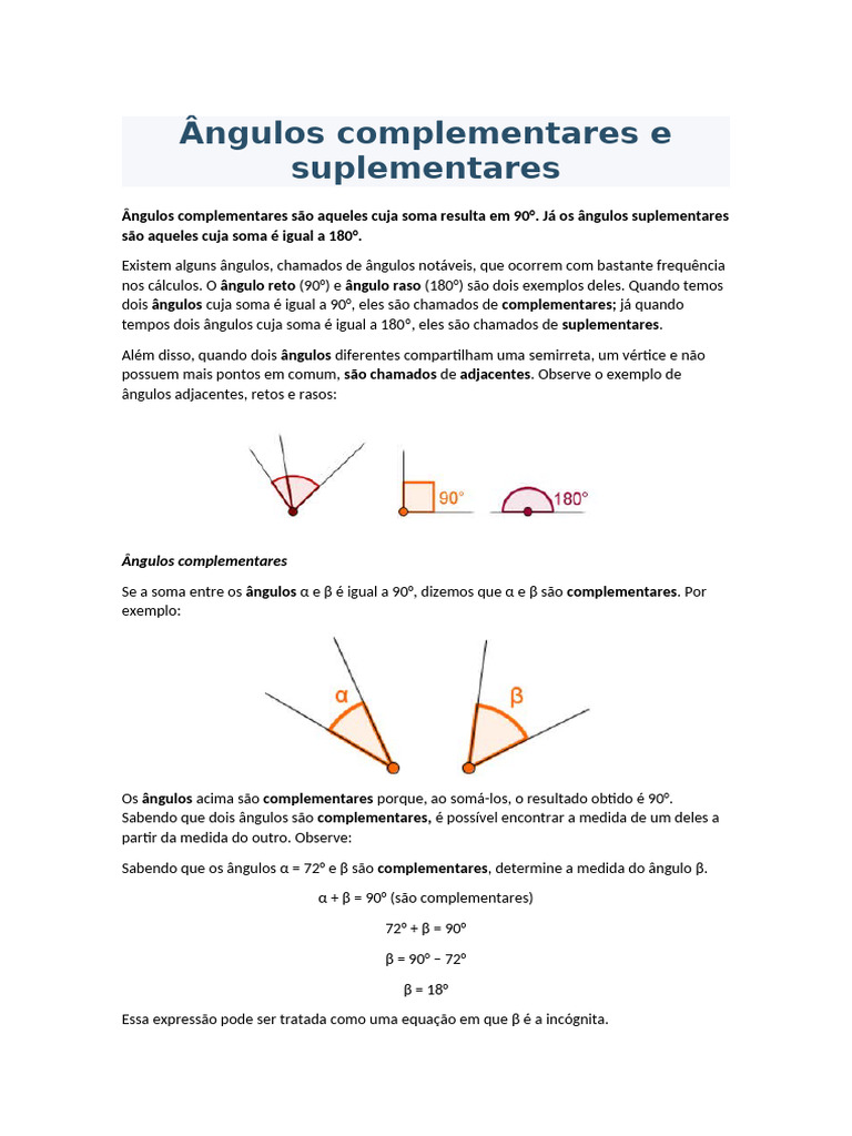 Ângulos Complementares e Suplementares e Opostos Pelo Vértice | PDF | Ângulo | Geometria Euclidiana