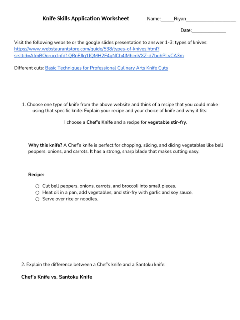 Knife Skills Application Worksheet | PDF | Knife | Blade