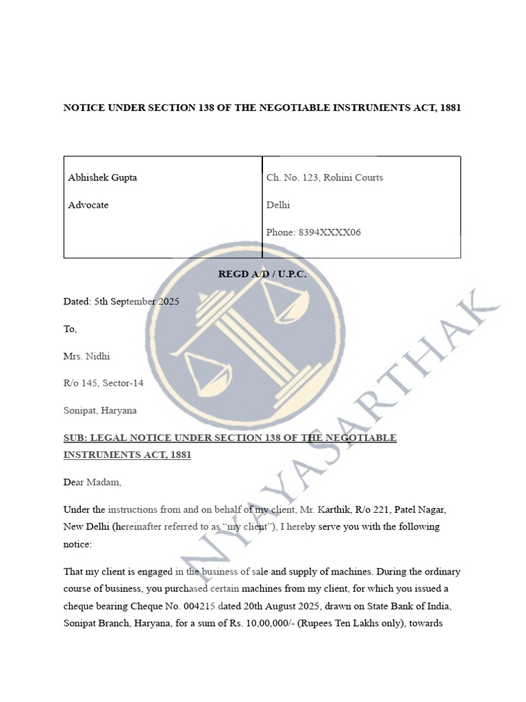 Legal Notice by Abhishek Gupta NyayaSarthak | PDF