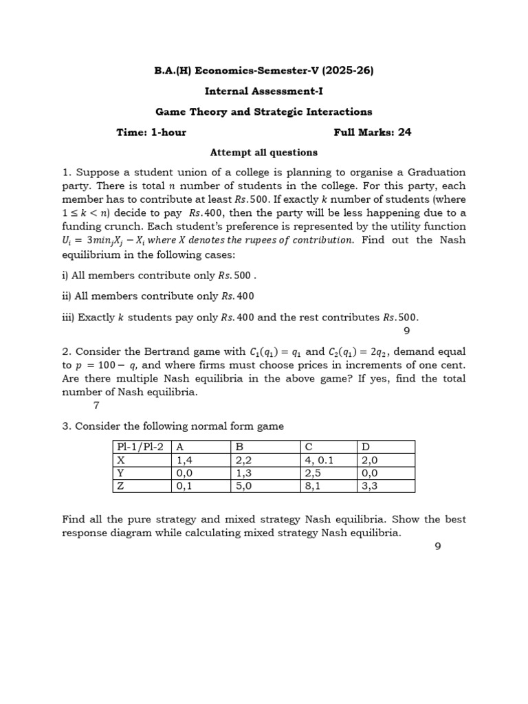 Game Theory Question 2025 | PDF