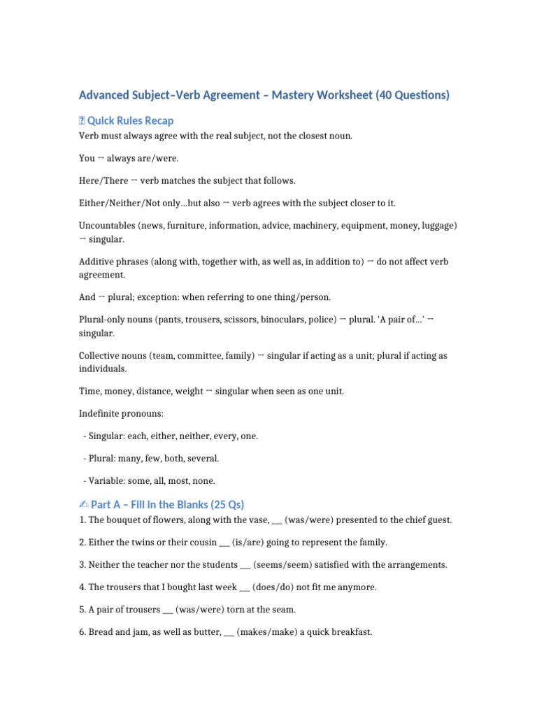 Advanced Subject Verb Agreement Worksheet | PDF | Grammatical Number ...