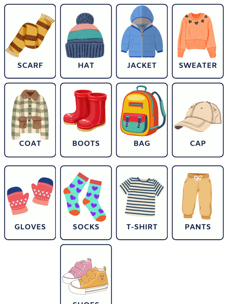 Colourful Illustrative English Winter Clothes Flashcards | PDF