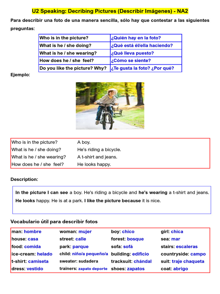 U2 Speaking Decribing Pictures Describir Imágenes - NA2 | PDF