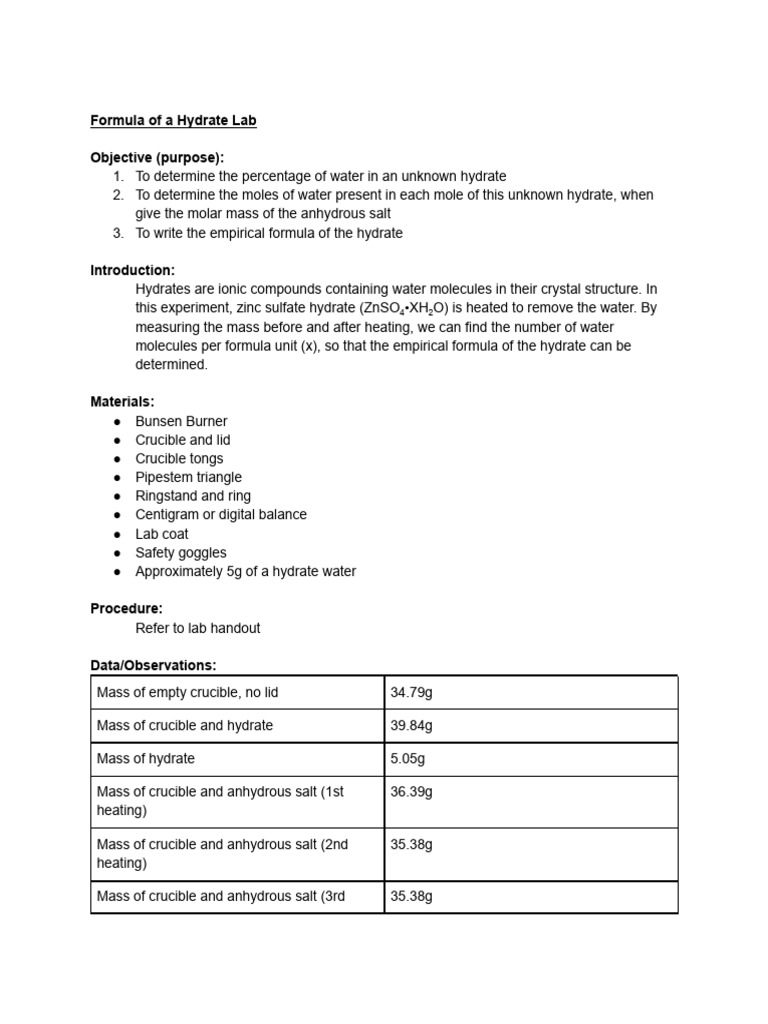 Formula of a Hydrate Lab | PDF | Mole (Unit) | Salt (Chemistry)