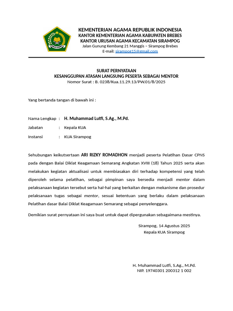 Format Surat Kesanggupan Mentor | PDF