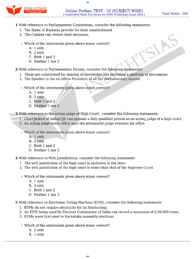 Insights IAS Prelims 2020 Subject Wise Test 19 Question (Upscpdf - Com ...