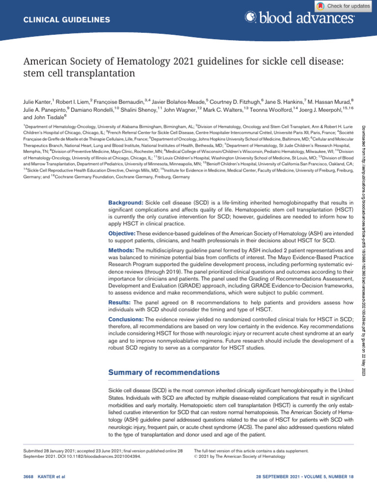 American Society of Hematology 2021 Guidelines For Sickle Cell Disease ...