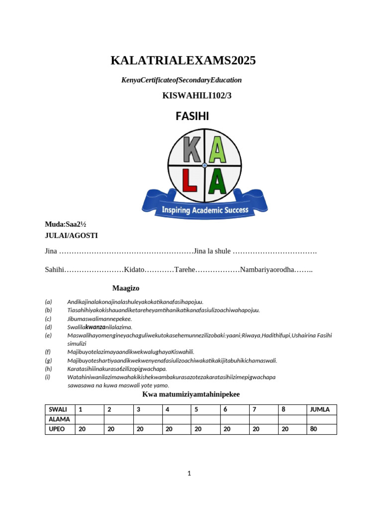 Kala Kiswahili Pp3 Trial 2025 | PDF