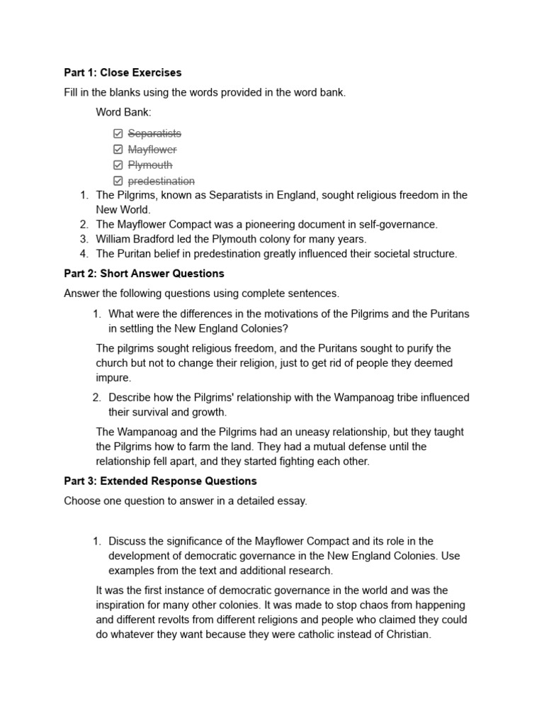 Part 1 - Close Exercises | PDF | Puritans | Plymouth Colony