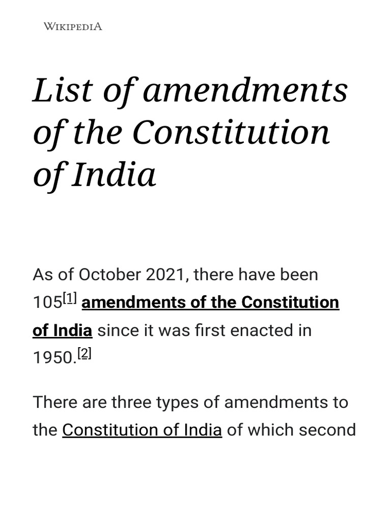 List of Amendments of The Constitution of India - Wikipedia | PDF ...