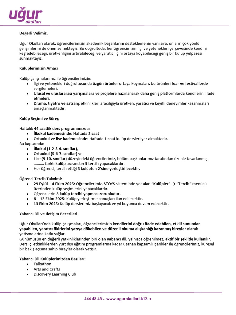 2025-2026 Kulüp Veli Bilgilendirme Mektubu | PDF