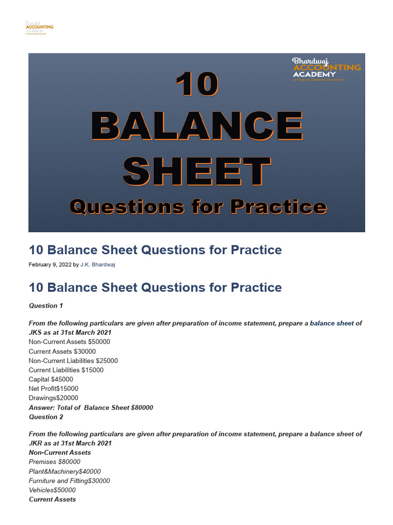 10 Balance Sheet Practice Questions | PDF | Debits And Credits ...