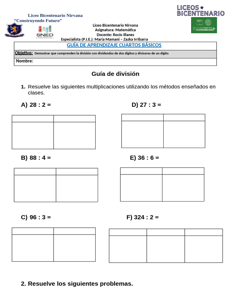 Guía de División para Cuartos Básicos | PDF