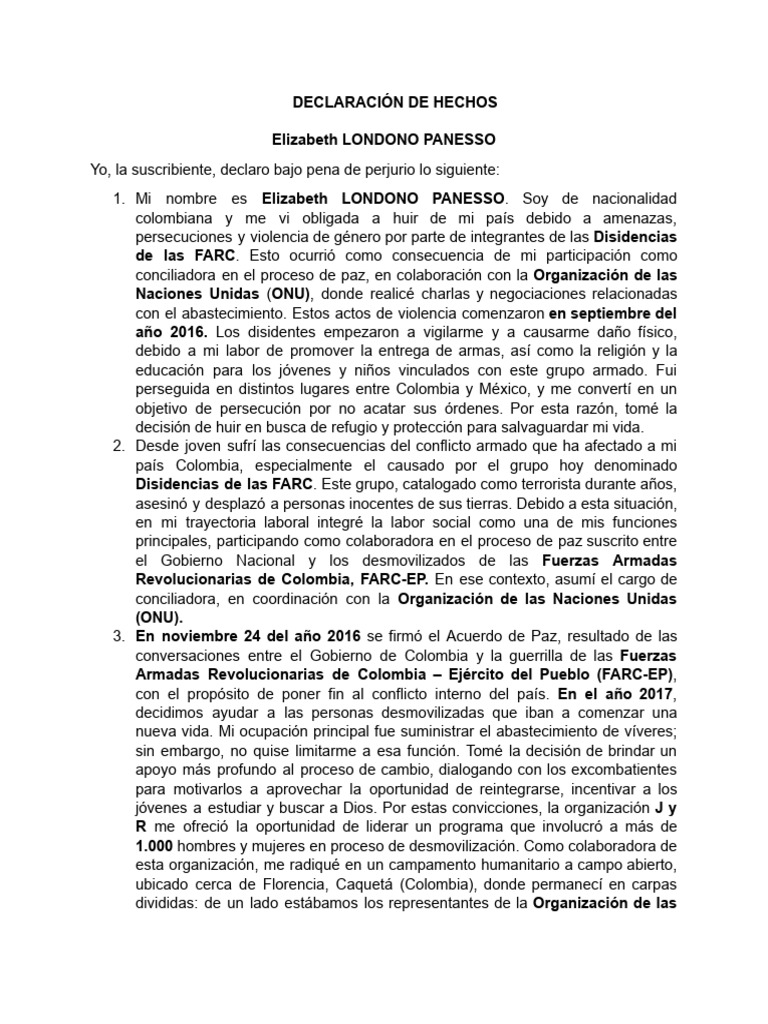 Declaracion de Hechos Parte B Y C Elizabeth LONDONO PANESSO | PDF ...