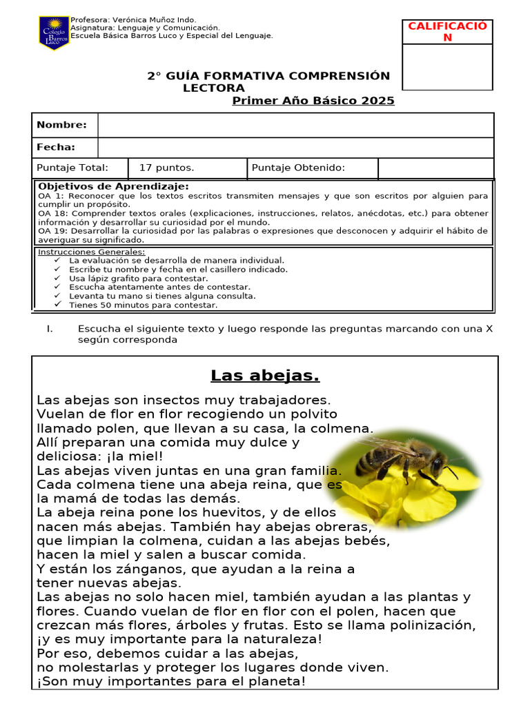 Guía Formativa Comprensión Lectora 1° Básico | PDF | Colmena | Abejas