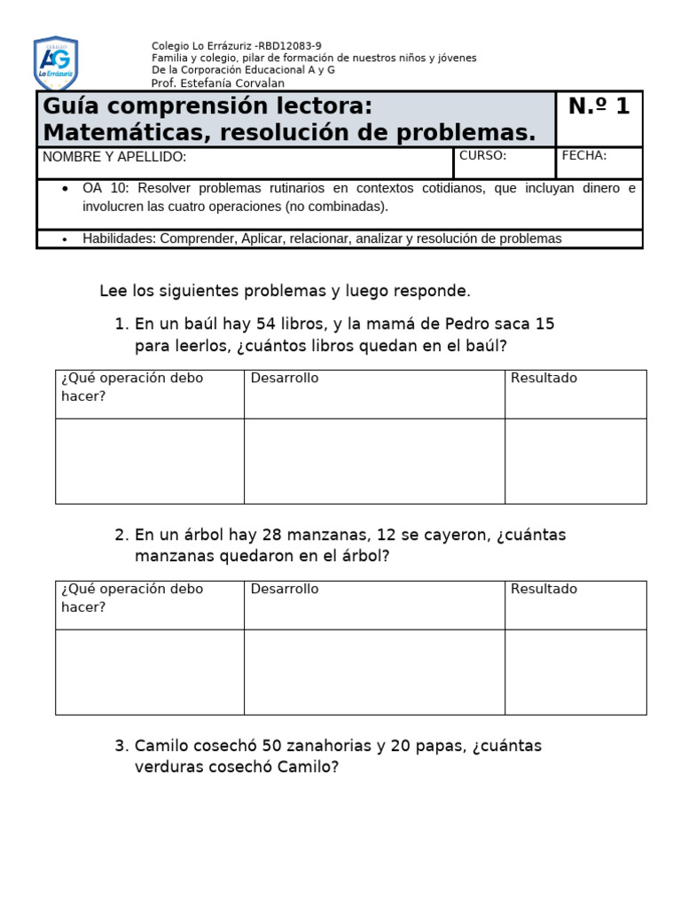 Guía Comprensión Lectora y Resolución de Problemas n1 | PDF
