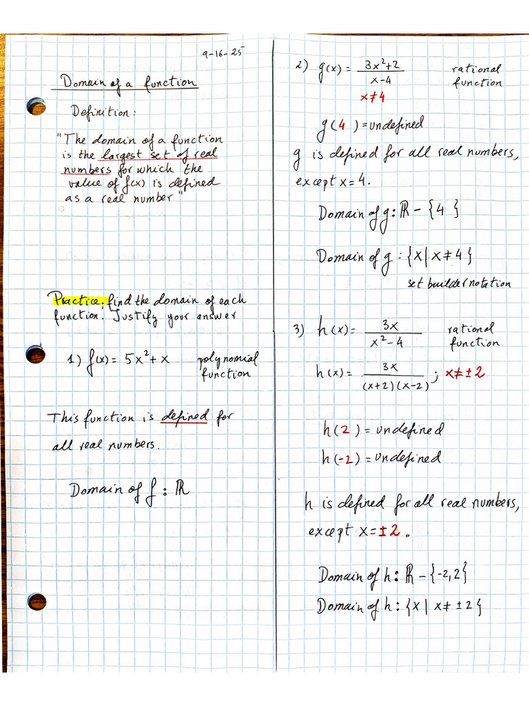 9 - 16 - 25 Notes - Domain of A Function - Algebraic Approach | PDF