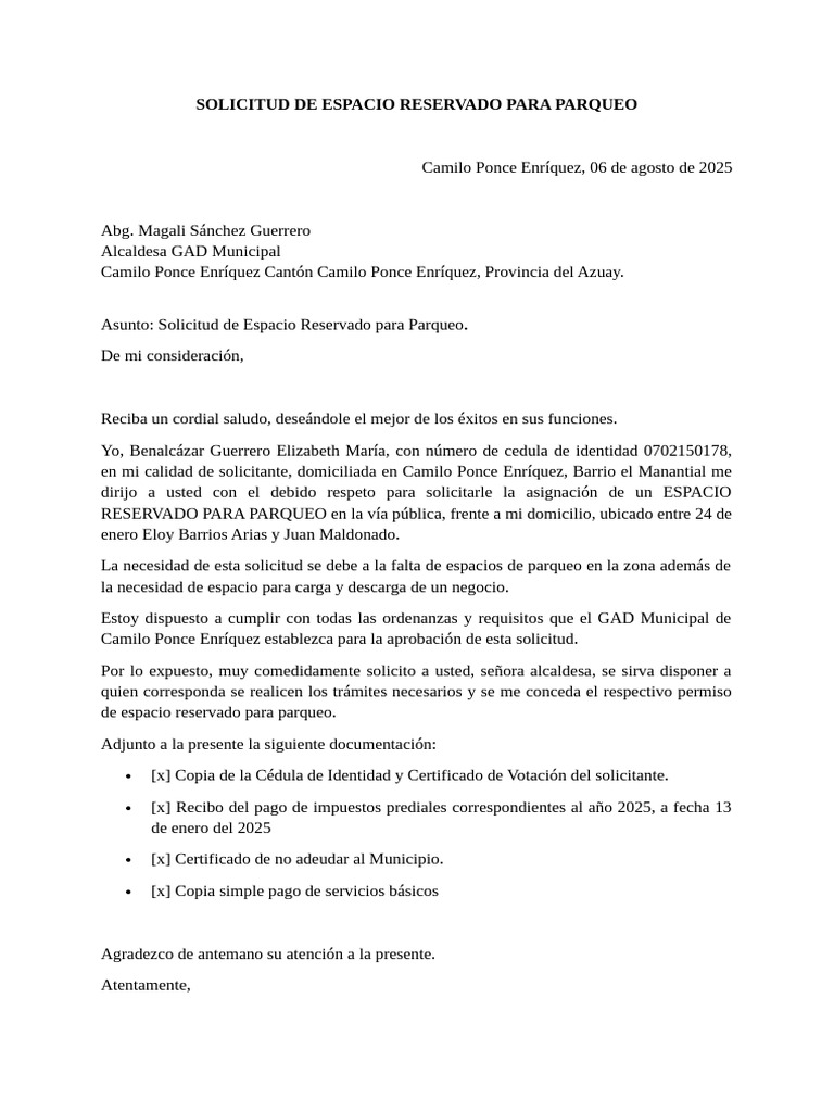 Solicitud de Parqueo en Camilo Ponce Enríquez | PDF