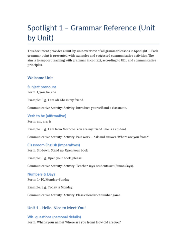 Spotlight1 Grammar Reference | PDF | Verb | Linguistic Morphology