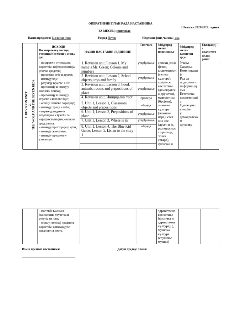 Engleski Jezik 2 - The Story Garden 2 - Predlog Operativnih Planova - Vojvodina - 2024 | PDF