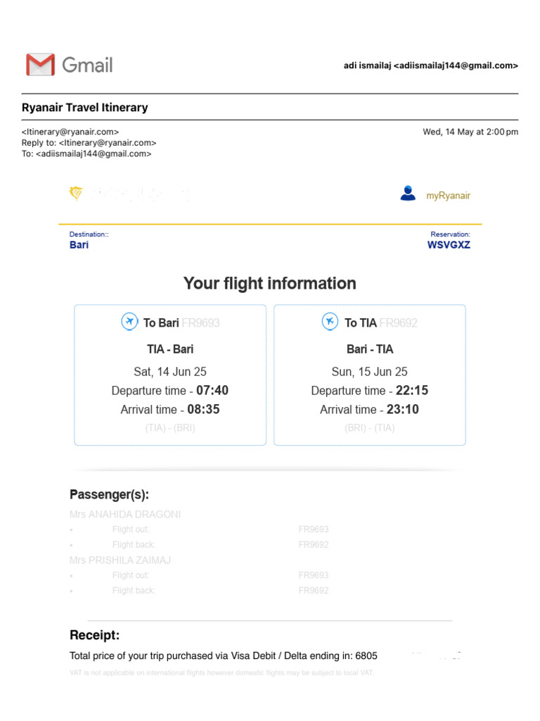 Ryanair Travel Itinerary | PDF