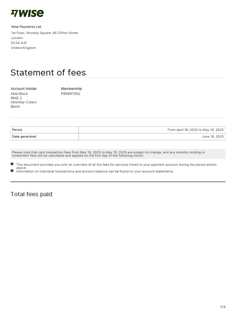 Wise Payments Fee Overview Document | PDF | Fee | Debit Card