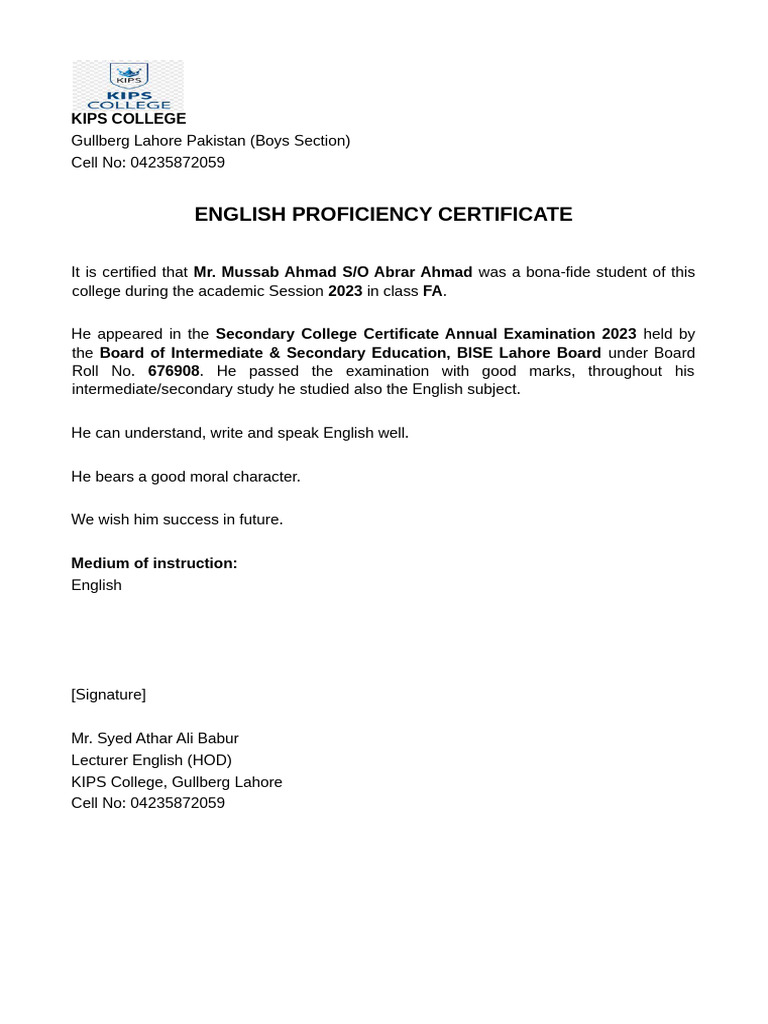 English Proficiency Certificate - KIPS College | PDF