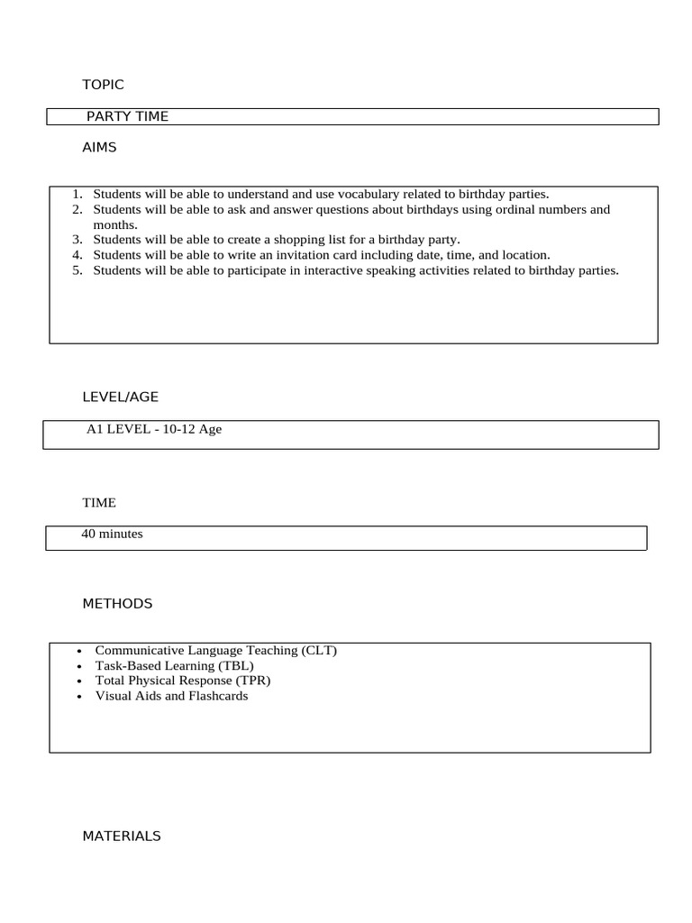 Party Time Lesson Plan | PDF | Vocabulary | Language Acquisition