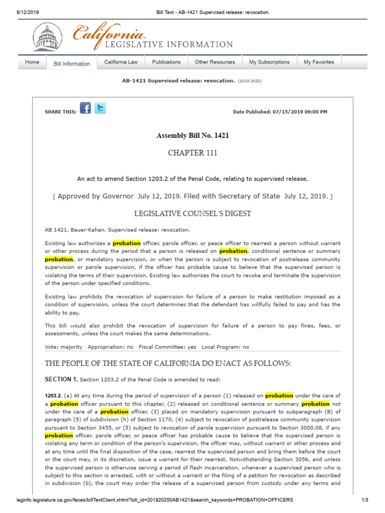 AB-1421 Supervised Release Revocation | PDF | United States Federal ...