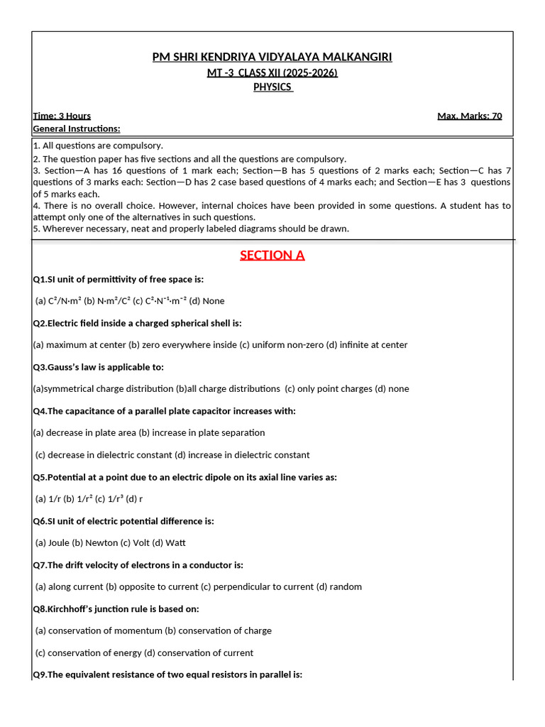 MT-3 Class-XII Physics 2025-26 Final | PDF | Capacitance | Capacitor