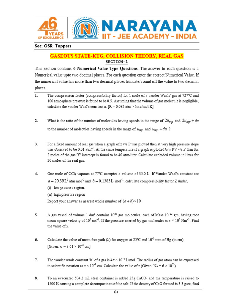 Osr - Toppers (Top-100) Chemistry Assignment - Gaseous State-Ktg, Collision Theory, Real Gas ...