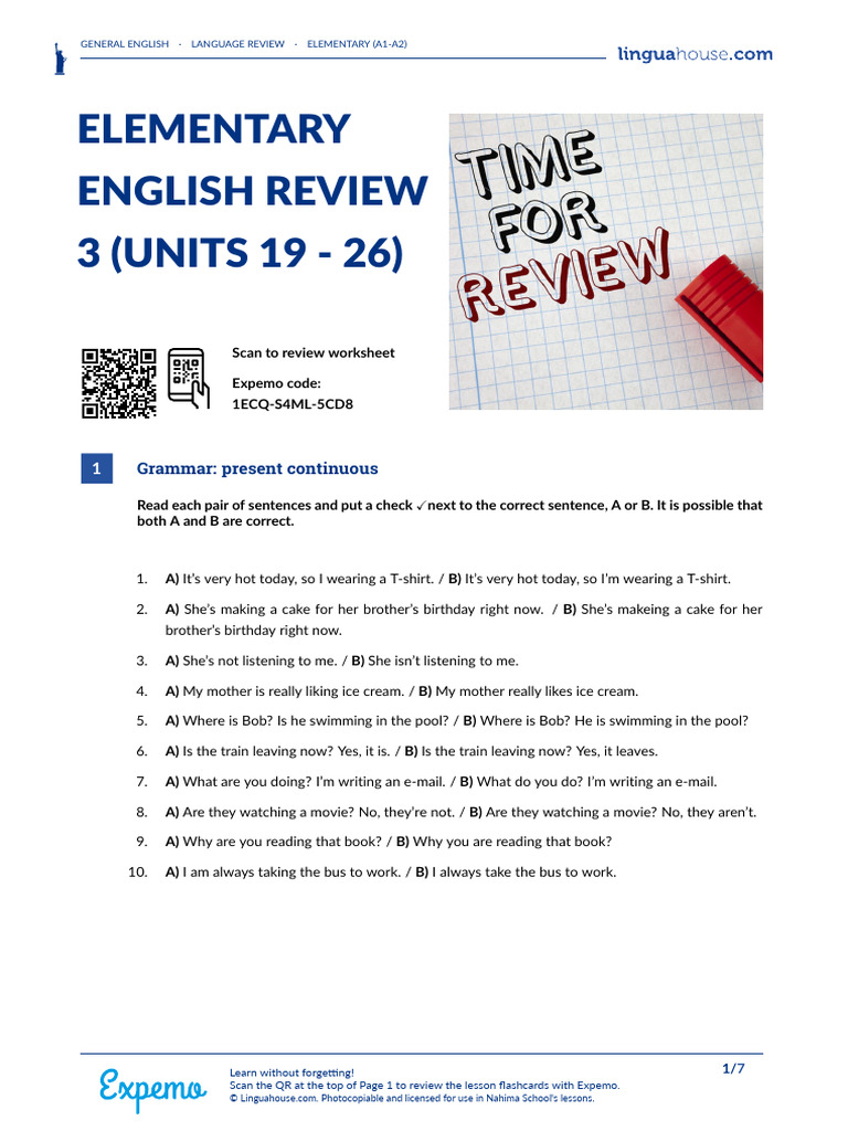 Elementary English Review 3 Units 19 26 American English Student A1 A2 ...