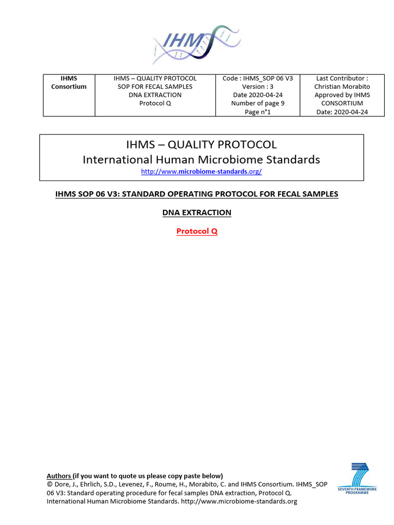 Fecal DNA Extraction SOP Protocol Q | PDF | Ph | Microbiota