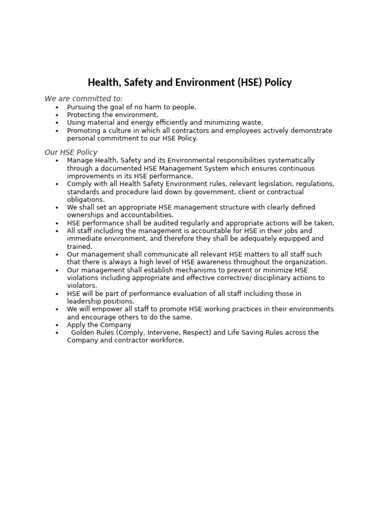 Health, Safety and Environment (HSE) Policy: We Are Committed To | PDF