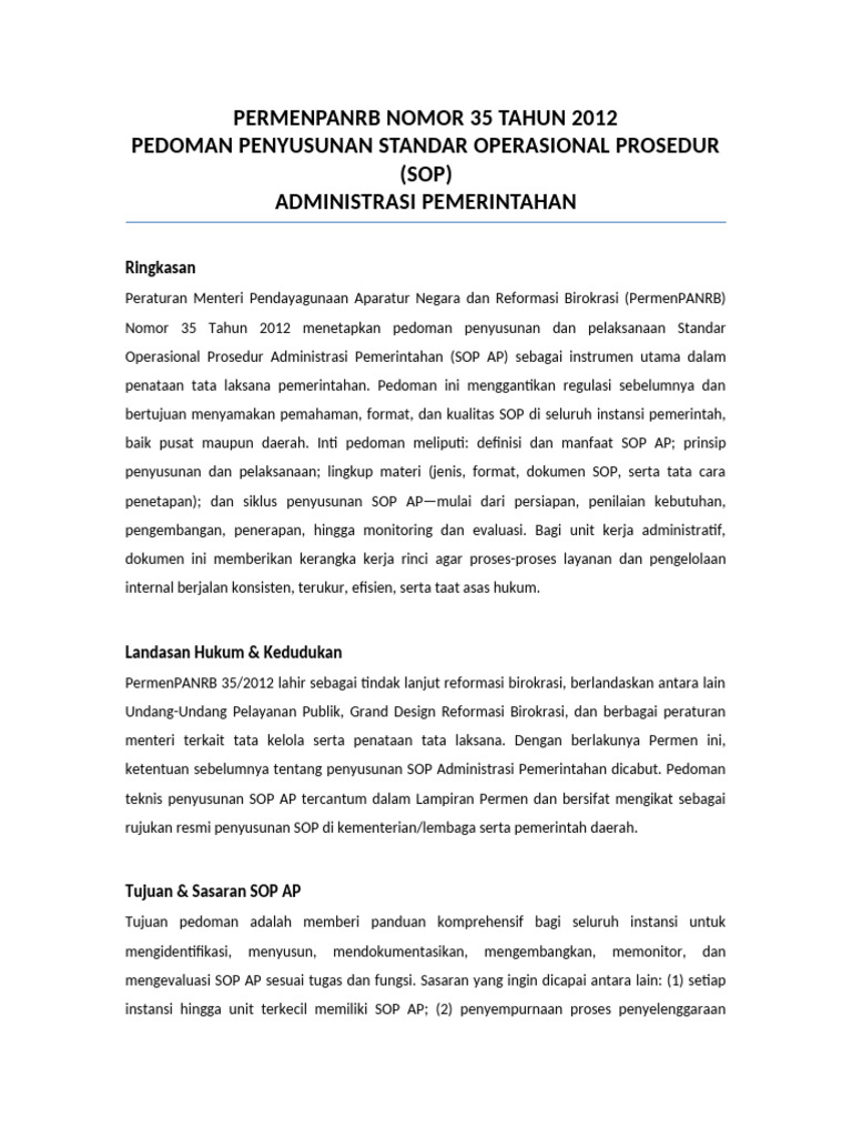 Permenpan Nomor 35 Tahun 2012 Tentang Pedoman Penyusunan Sop-Bappelitbangda | PDF