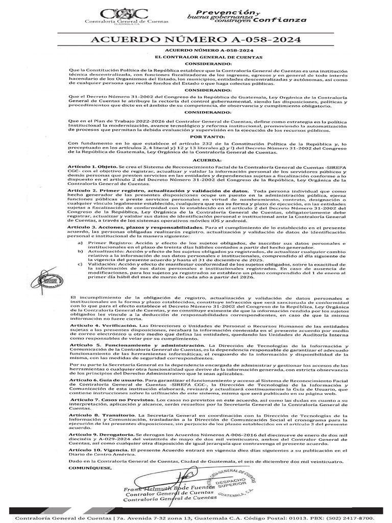 Acuerdo No. A-058-2024, Sistema de Reconocimiento Facial CGC | PDF