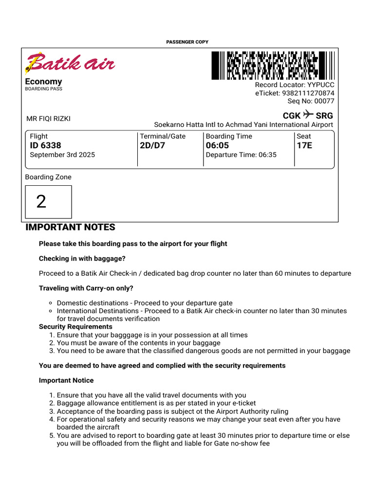 Batik Air Boarding Pass - Flight ID 6338 | PDF | Aviation