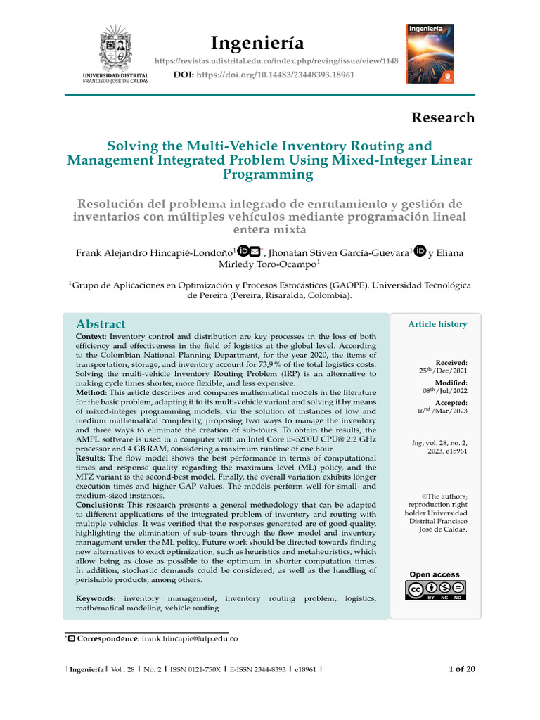 Solving The Multi-Vehicle Inventory Routing and Management Integrated Problem Using Mixed ...