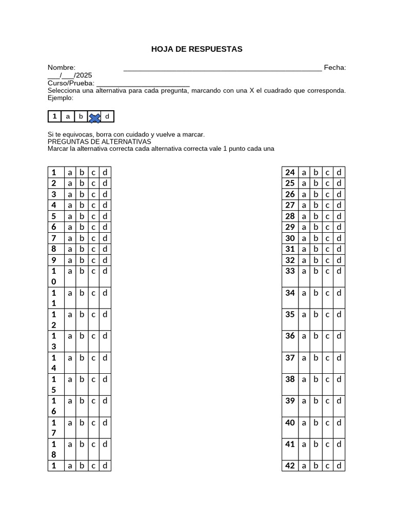 Hoja de Respuestas para Prueba Escolar | PDF