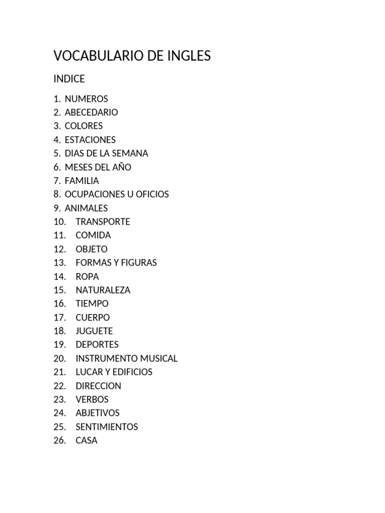 Indice Vocabulario Ingles | PDF