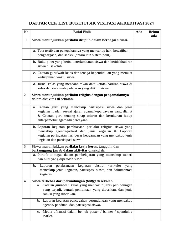 Cek List Bukti Fisik Akreditasi 2024 | PDF