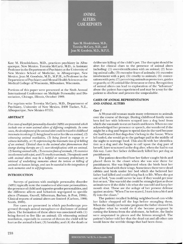 Animal Alters in Multiple Personality Disorder | PDF | Dissociation ...