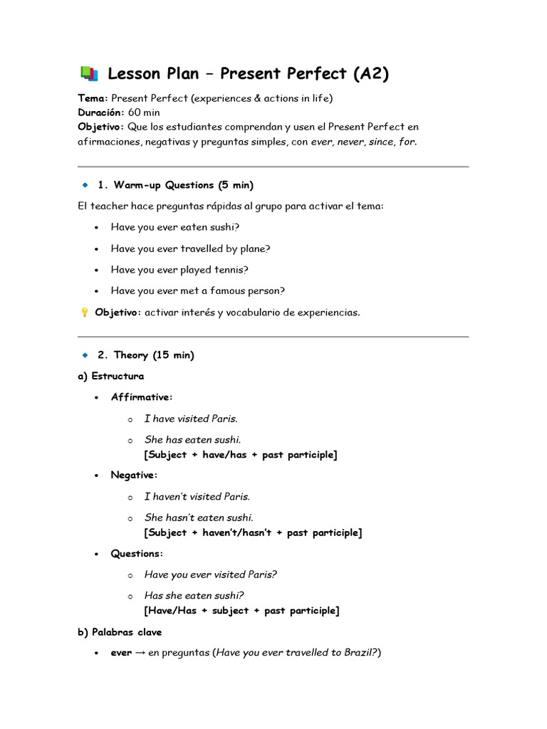 ? Lesson Plan PRESENT PERFECT | PDF | Language Mechanics | Grammar