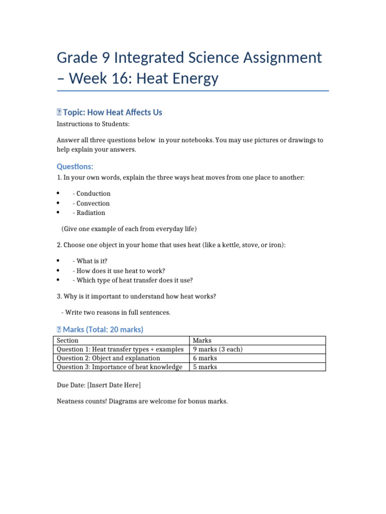 Grade 9 Science: Heat Energy Assignment | PDF