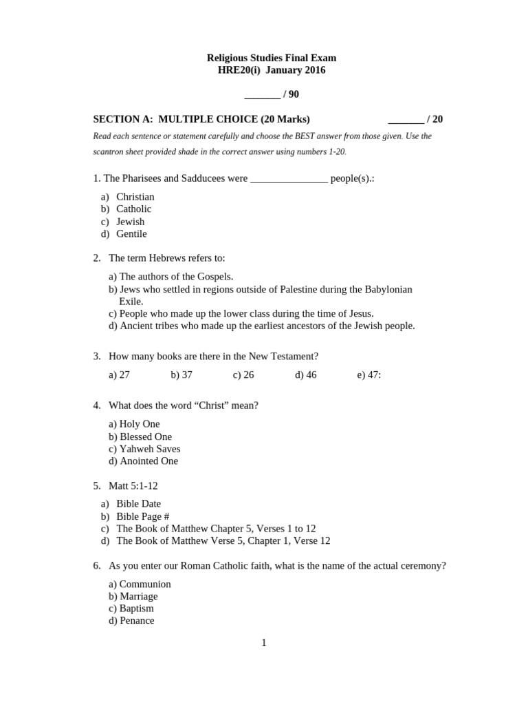 Grade 10 Religion Exam (A) Period 3 Jan 2016 | PDF | Jesus | Gospel Of ...