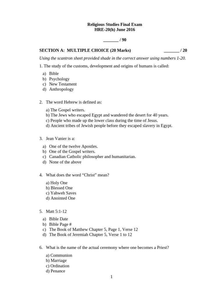 Grade 10 Religion Exam (A) Period 1 Jan 2016 | PDF | Jesus | Bible