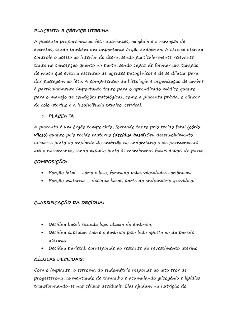 Funções da Placenta e Cérvice Uterina | PDF | Placenta | Anatomia