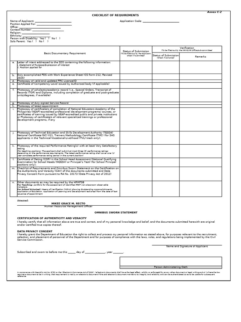 Annex C-2 - Checklist of Requirements and Omnibus Sworn Statement | PDF ...
